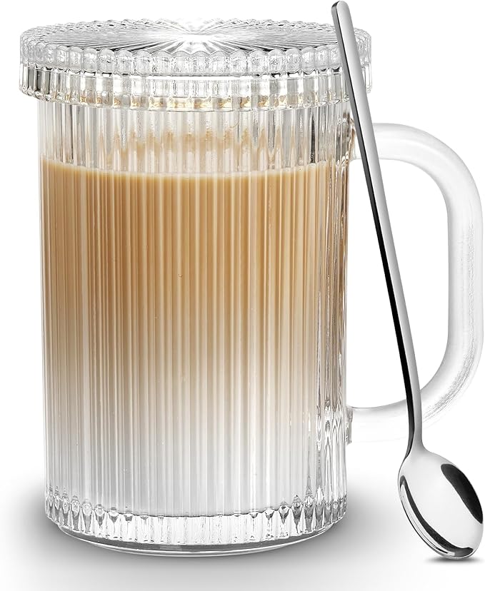 Amazon.com: Qipecedm Clear Glass Coffee Mug with Lid, 13 oz Classic ...