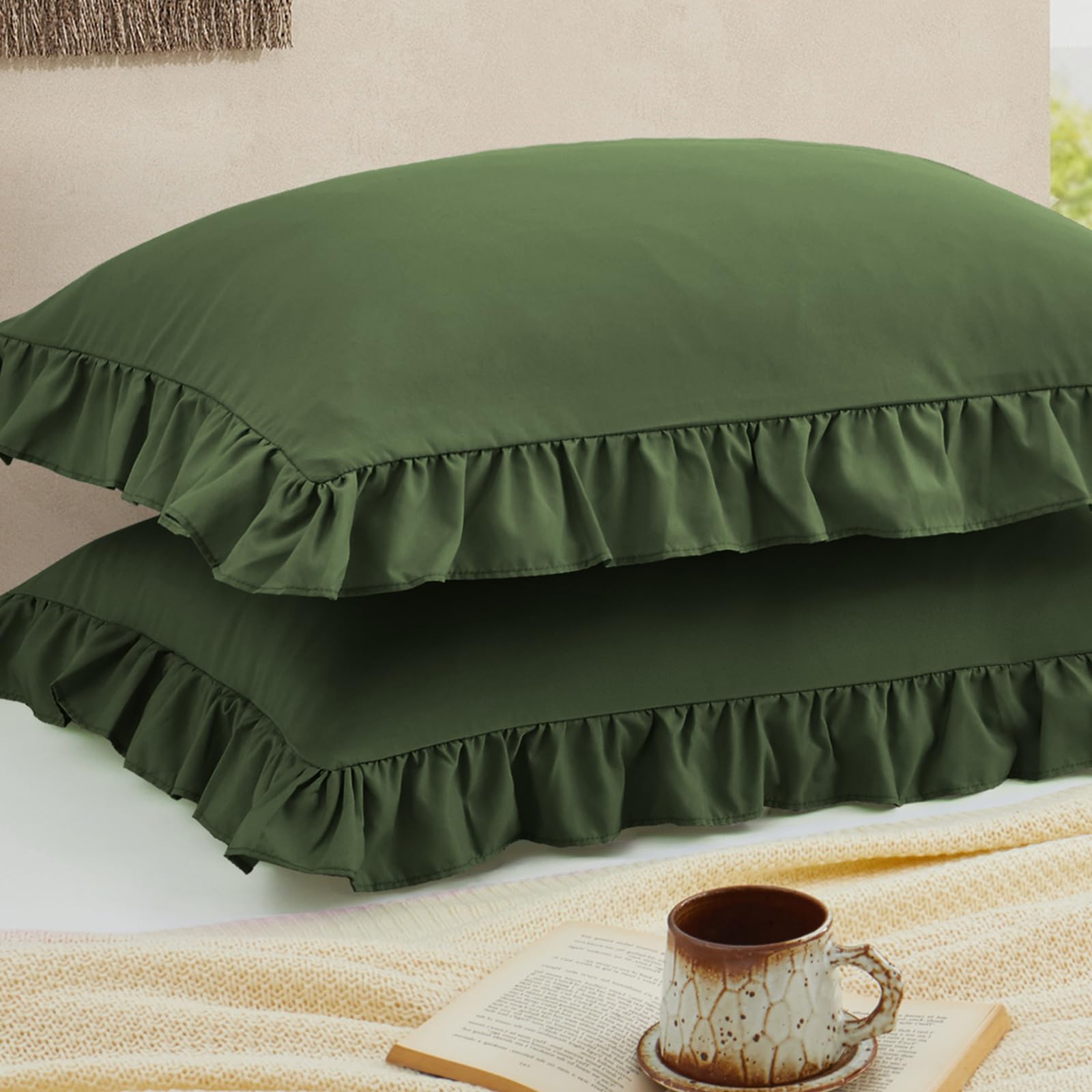 Amazon.com: Cobedzy Ruffled Pillow Cases Set of 2, Olive Green Standard ...