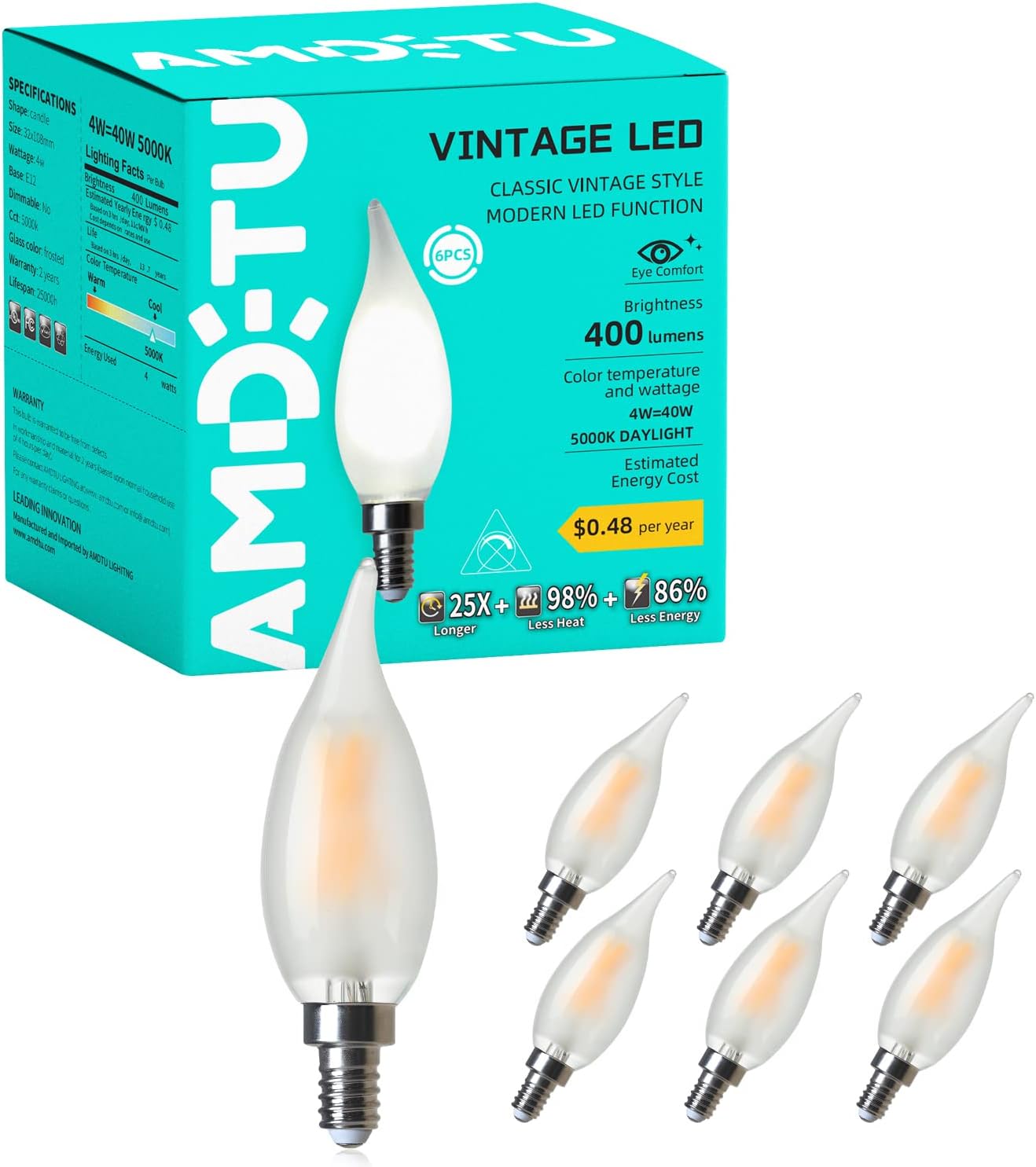 AMDTU Non-dimmable 5000k Candelabra led Bulbs, Frosted e12 Chandelier ...