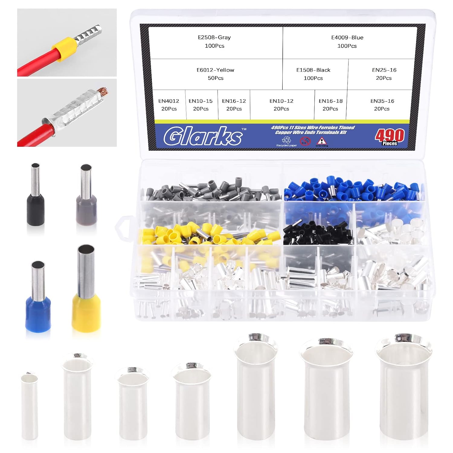 Glarks 490Pcs 11 Sizes Wire Ferrules Kit AWG 2 4 6 8 10 12 14 16 Copper ...