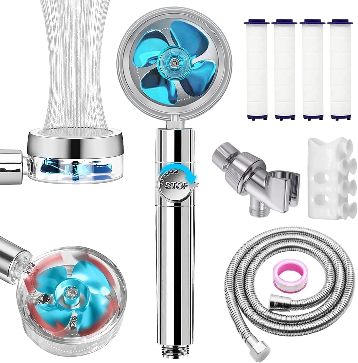 High Pressure Shower Head Set,Blue Turbo Shower Head Pause Switch ...