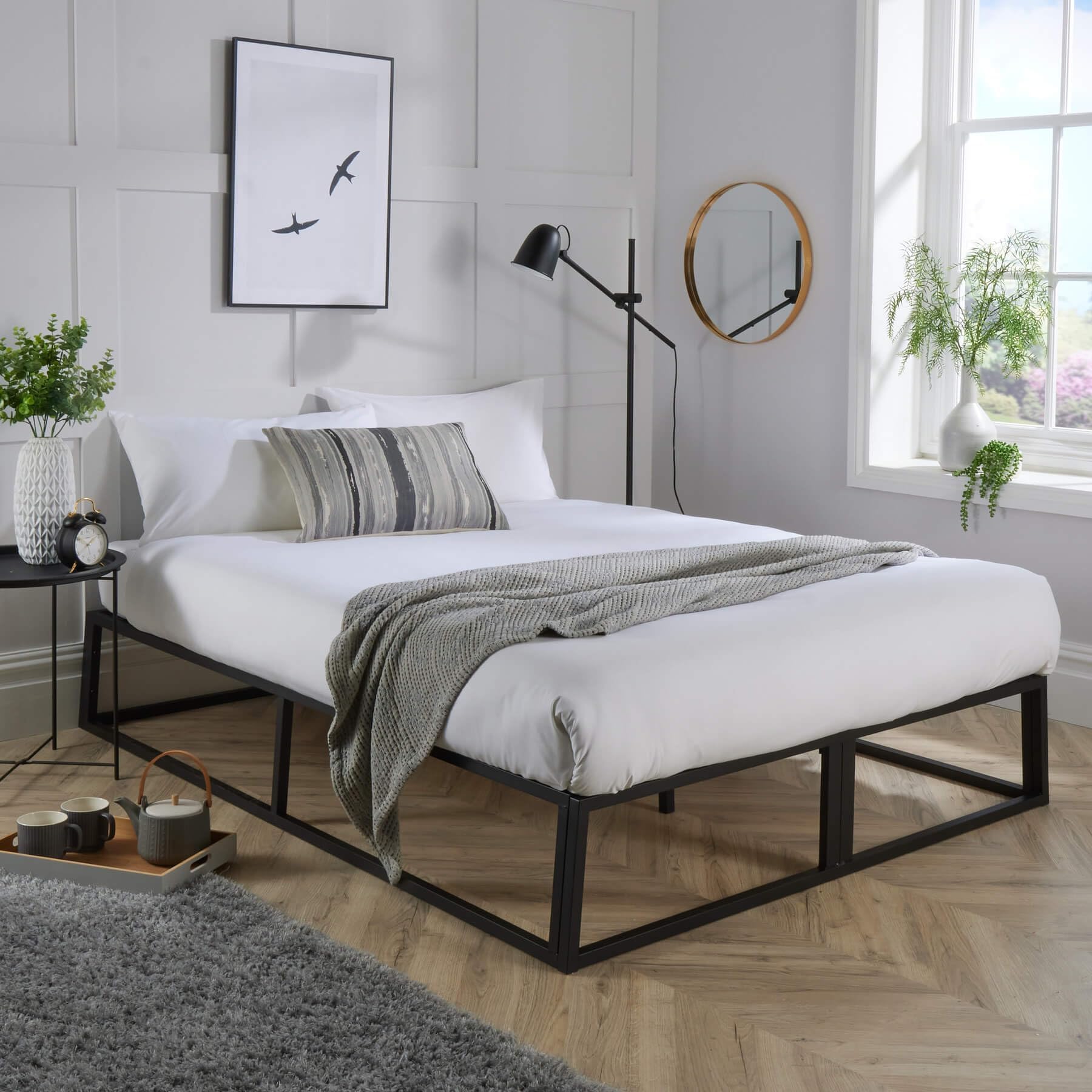 DEWINNER Metal Platform Bed Frame,4ft6 Double Mattress Foundation, Wood ...