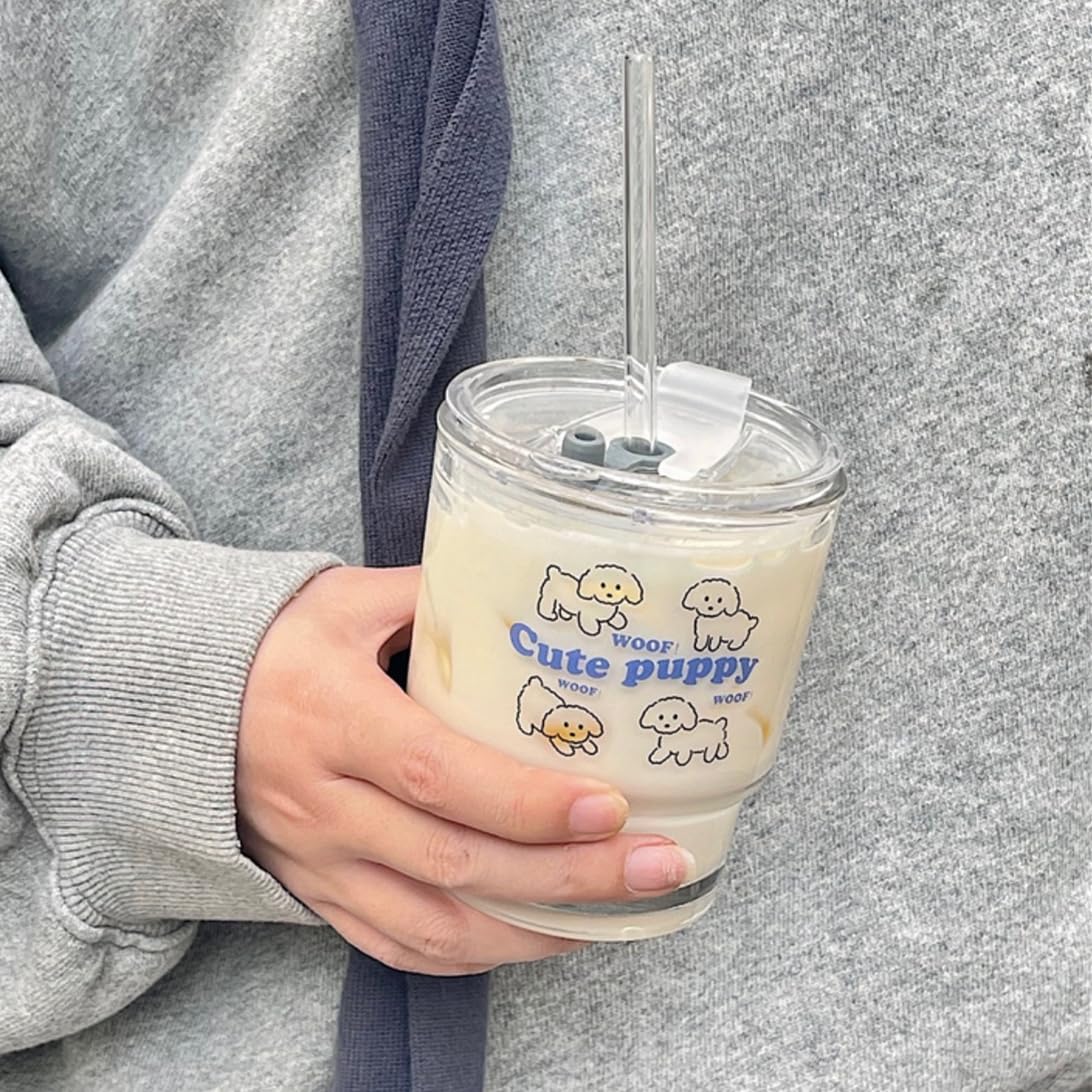 Amazon | FLYILIA 子犬 タンブラーグラス ストロー付き 蓋付き 350ml ガラスコップ ハイボールグラス ウォーターグラス コーヒーグラス ほこり防止 こぼれにくい 漏れ防止 ...