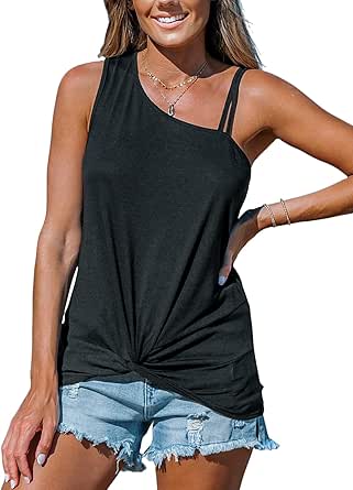 CUPSHE Women Tops Sleeveless Shirt Asymmetric Collar Tee Solid Twist ...