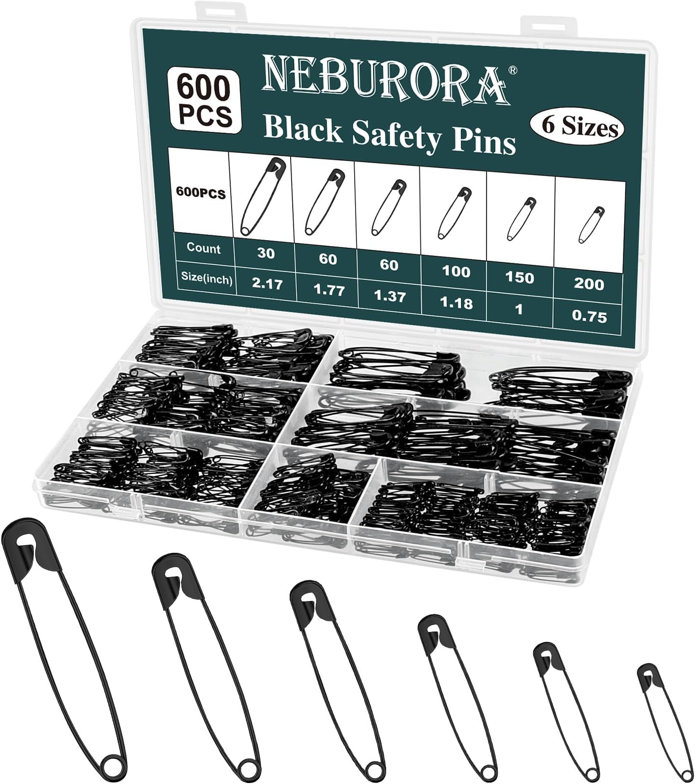 NEBURORA 600Pcs Black Safety Pin Assorted Size Safety Pin Small and ...