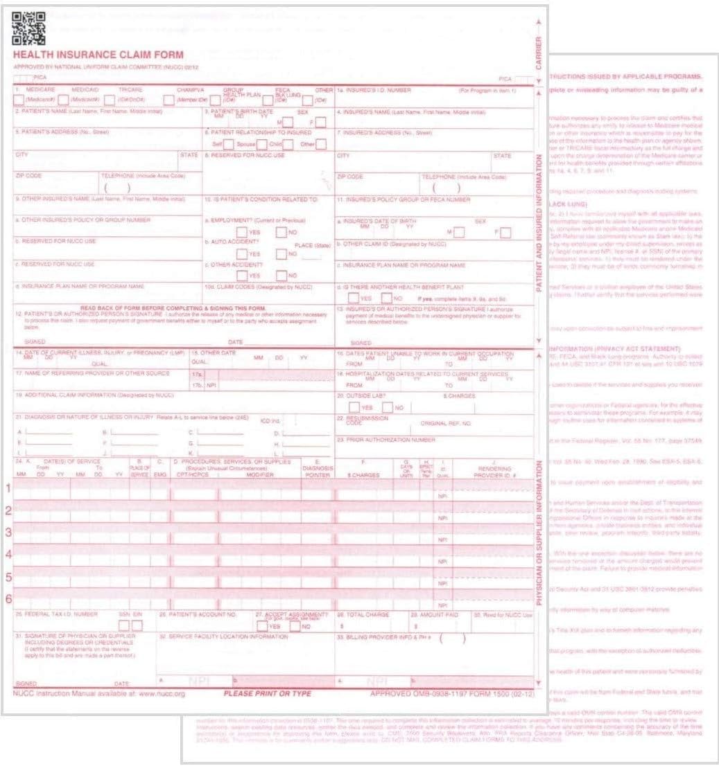 Amazon.com : Health Insurance Claim Forms, New CMS-1500, HCFA (04/14 ...