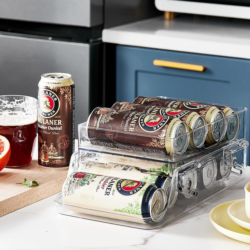 ROWNYEON Rolling Can Dispenser Fridge Organisers 2 Teir Foldable Can ...