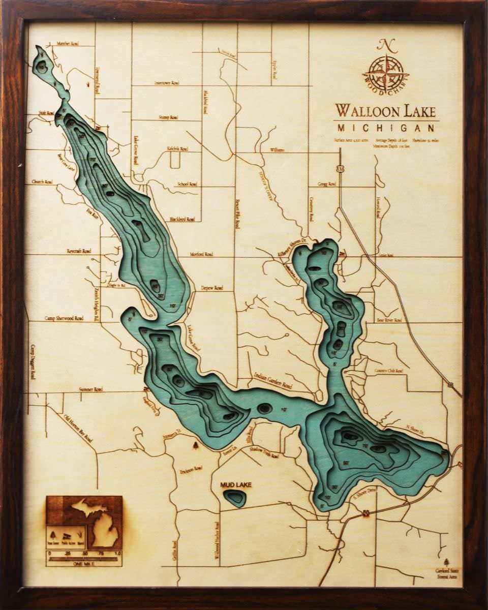 Amazon.com: Woodchart Walloon Lake Wood Nautical Chart, 16 x 20 ...