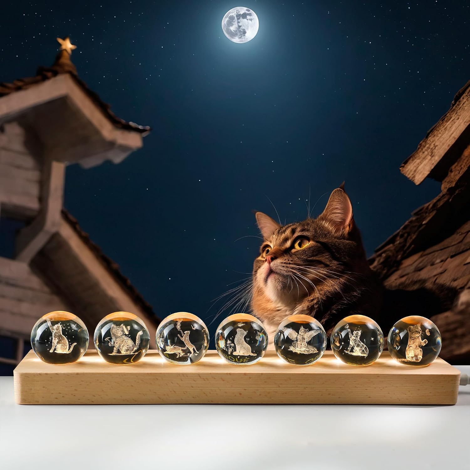 Amazon.com: ZEERSHEE 7 Pcs Crystal Cat Balls with LED Wooden Base 3D ...
