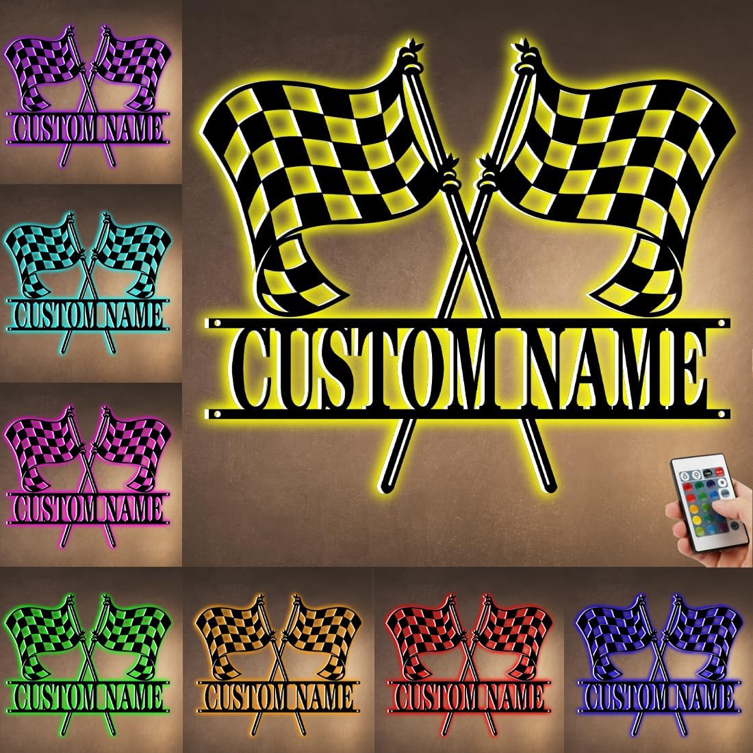 Amazon.com: Attention Personalized Racing Flag Metal Wall Art Led Neon ...