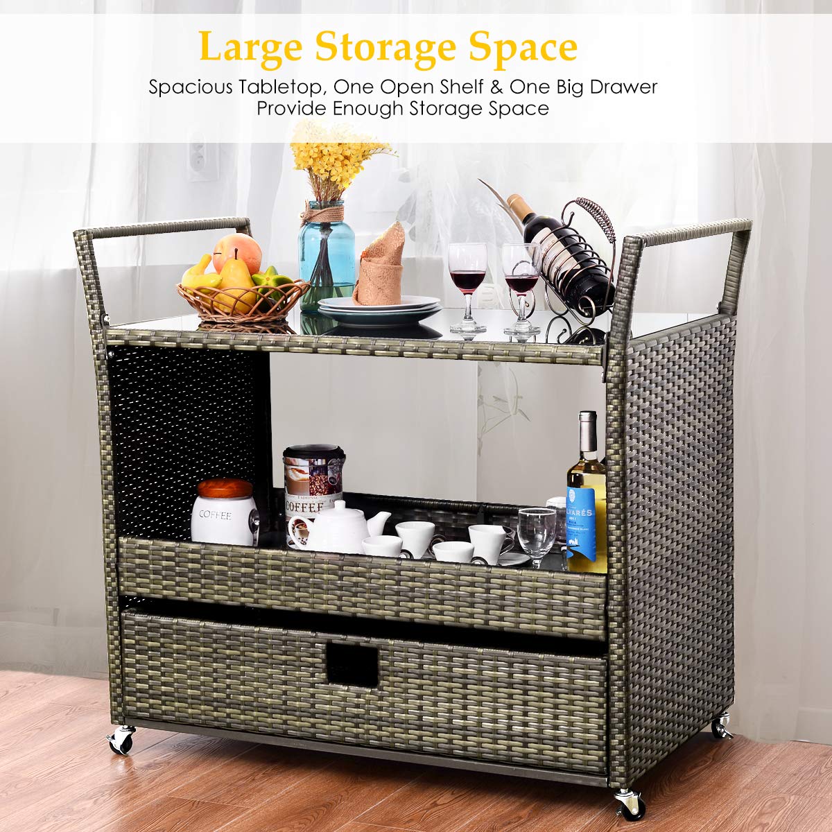 Giantex Rolling Wicker Cart Rattan Bar Cart Outdoor Serving Cart ...