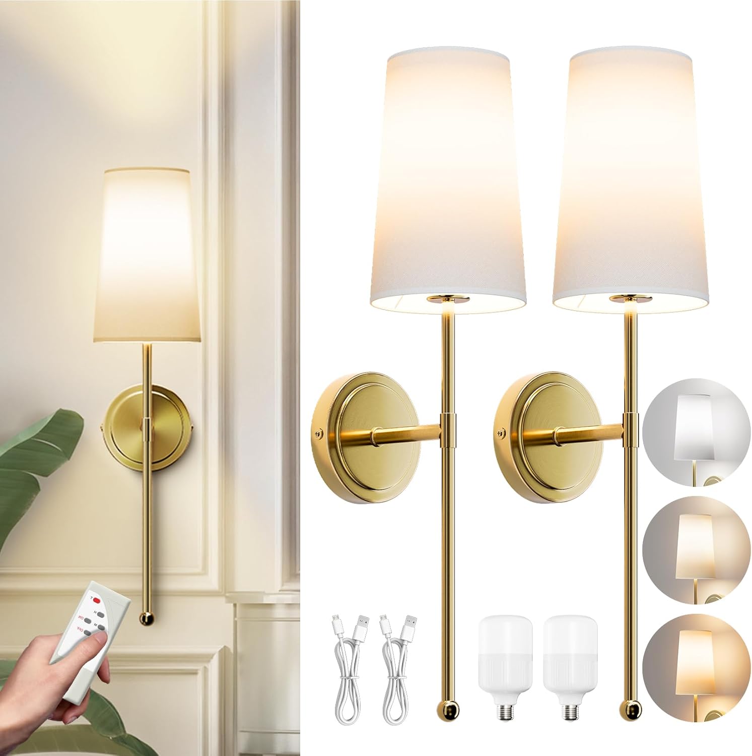 Aipsun Gold Wall Sconces 2 Packs, Indoor Gold Wall Lamp Light 3 Color ...