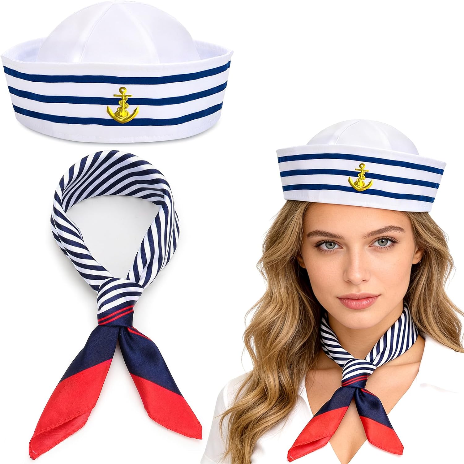 Amazon.com: 2PCS Sailor Ship Cap Scarf,White Captain Hat with Sailor ...