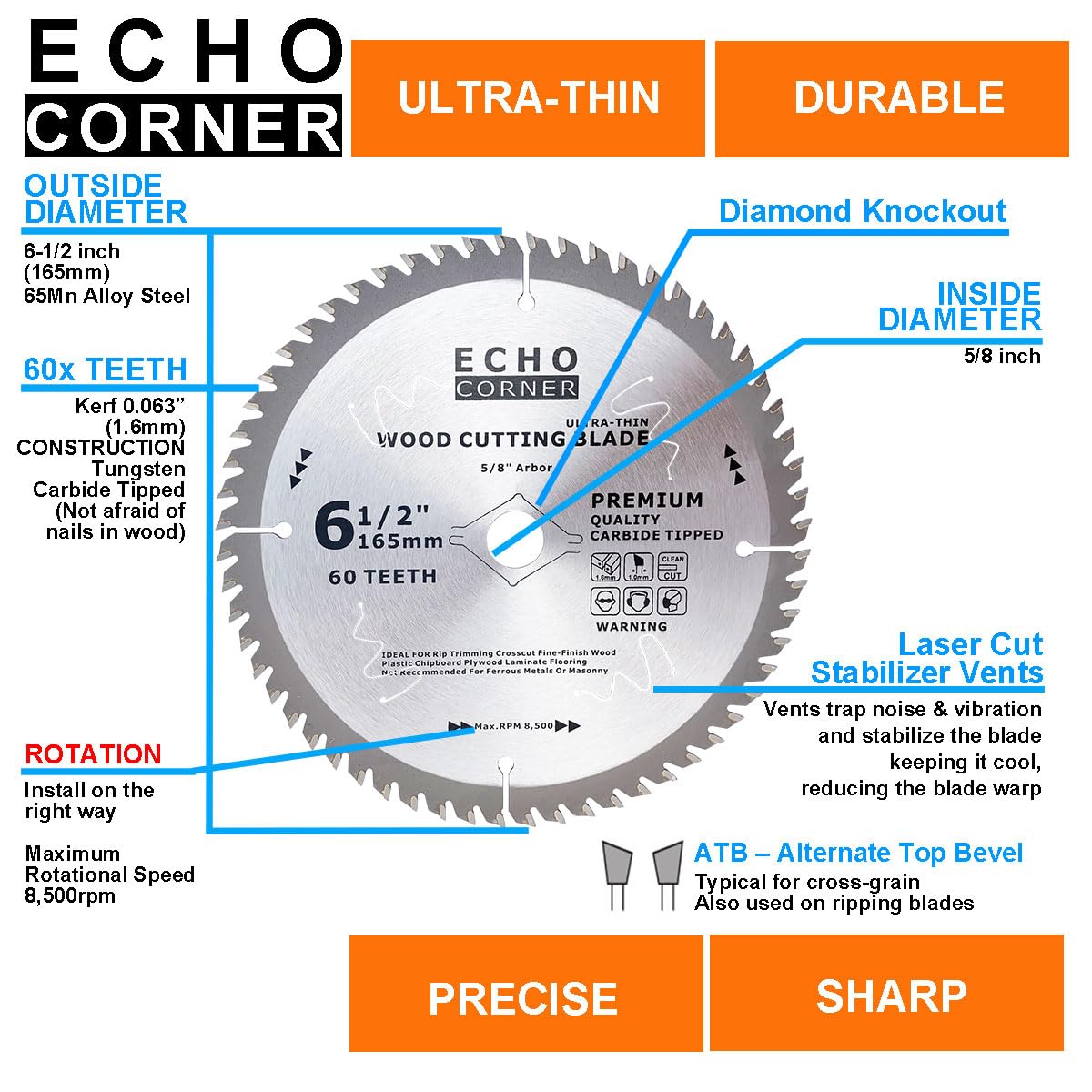 Snapklik.com : Echo Corner 6-1/2" Circular Saw Blade, Thin Kerf 60T For ...