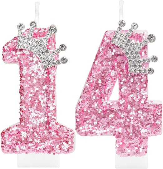 Amazon.com: iNINGER Pink Birthday Number 14 Candles,Pink Crown Happy ...