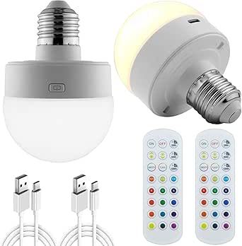 KMU Rechargeable Battery Operated Light Bulb 2 Pack E26 Battery Powered ...