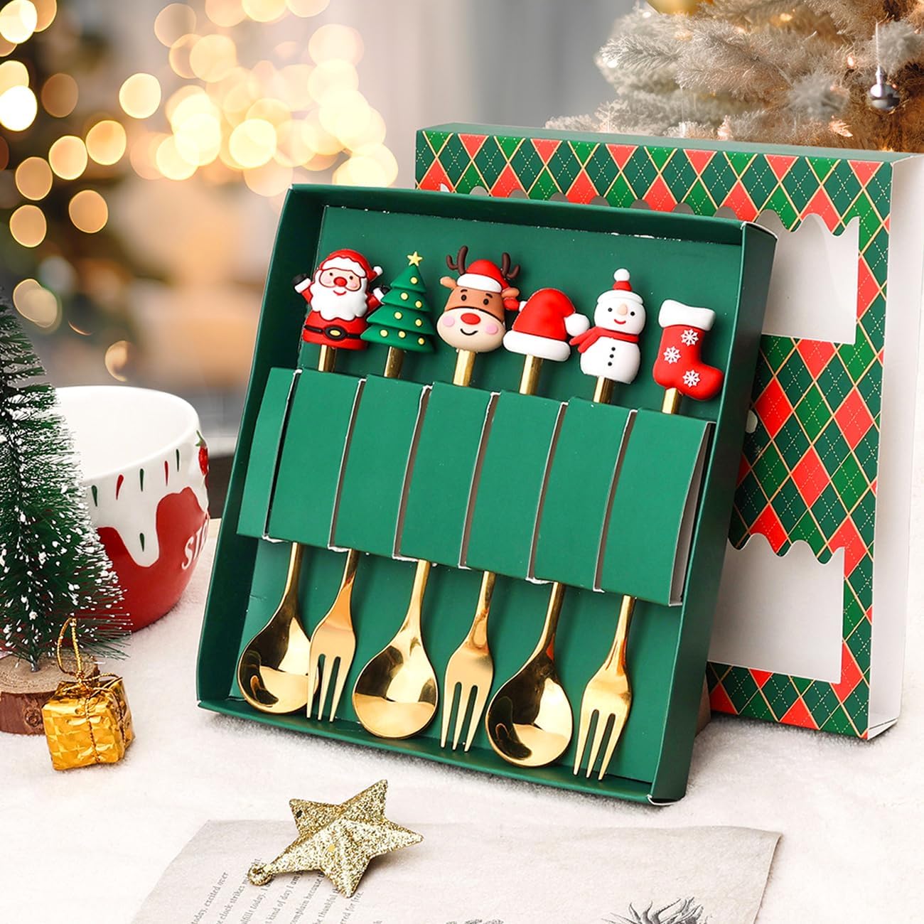 Amazon.com: Christmas Spoon and Fork Set, 4pcs Dessert Christmas ...