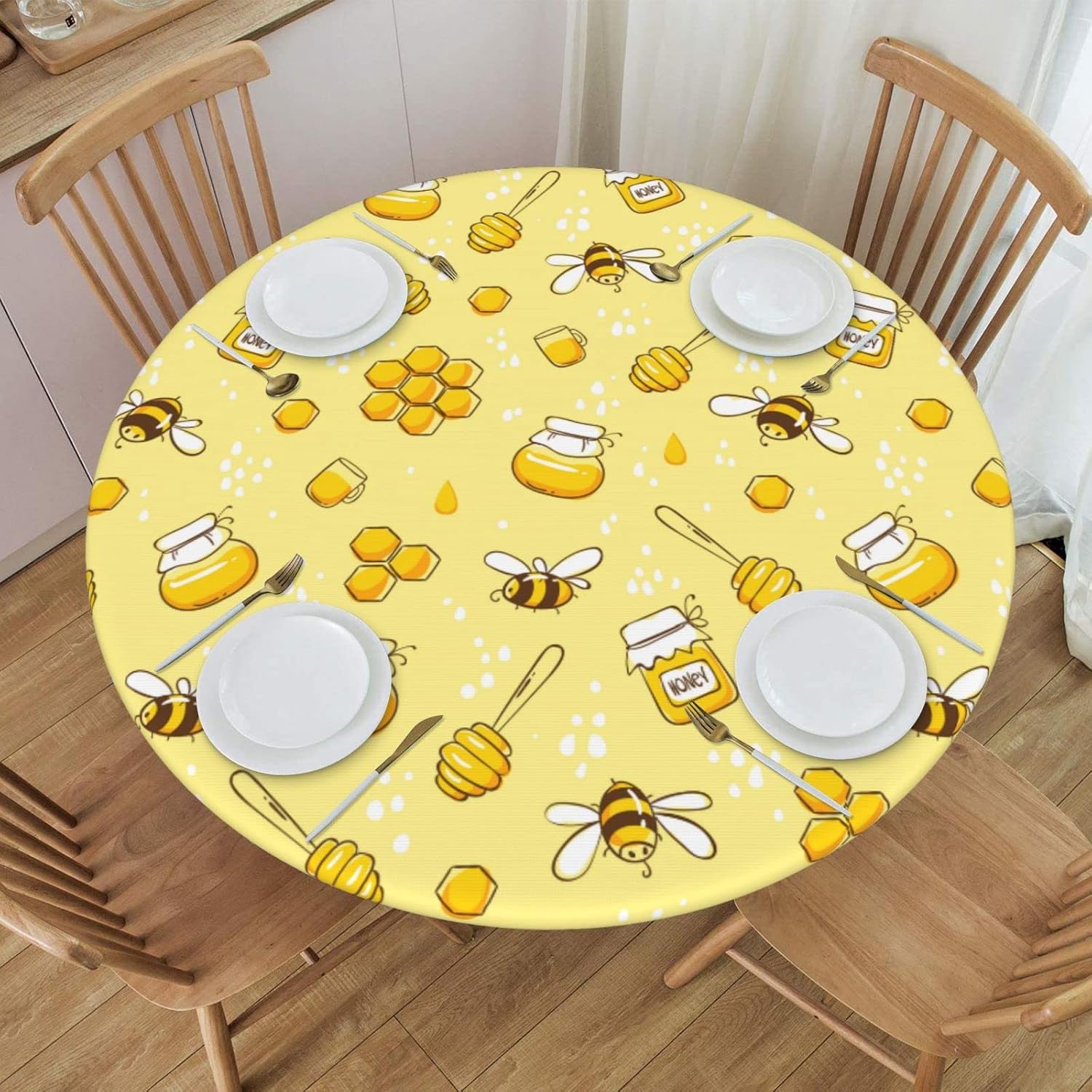 Amazon.com: Famame Cute Bees and Honey Round Fitted Tablecloth with ...