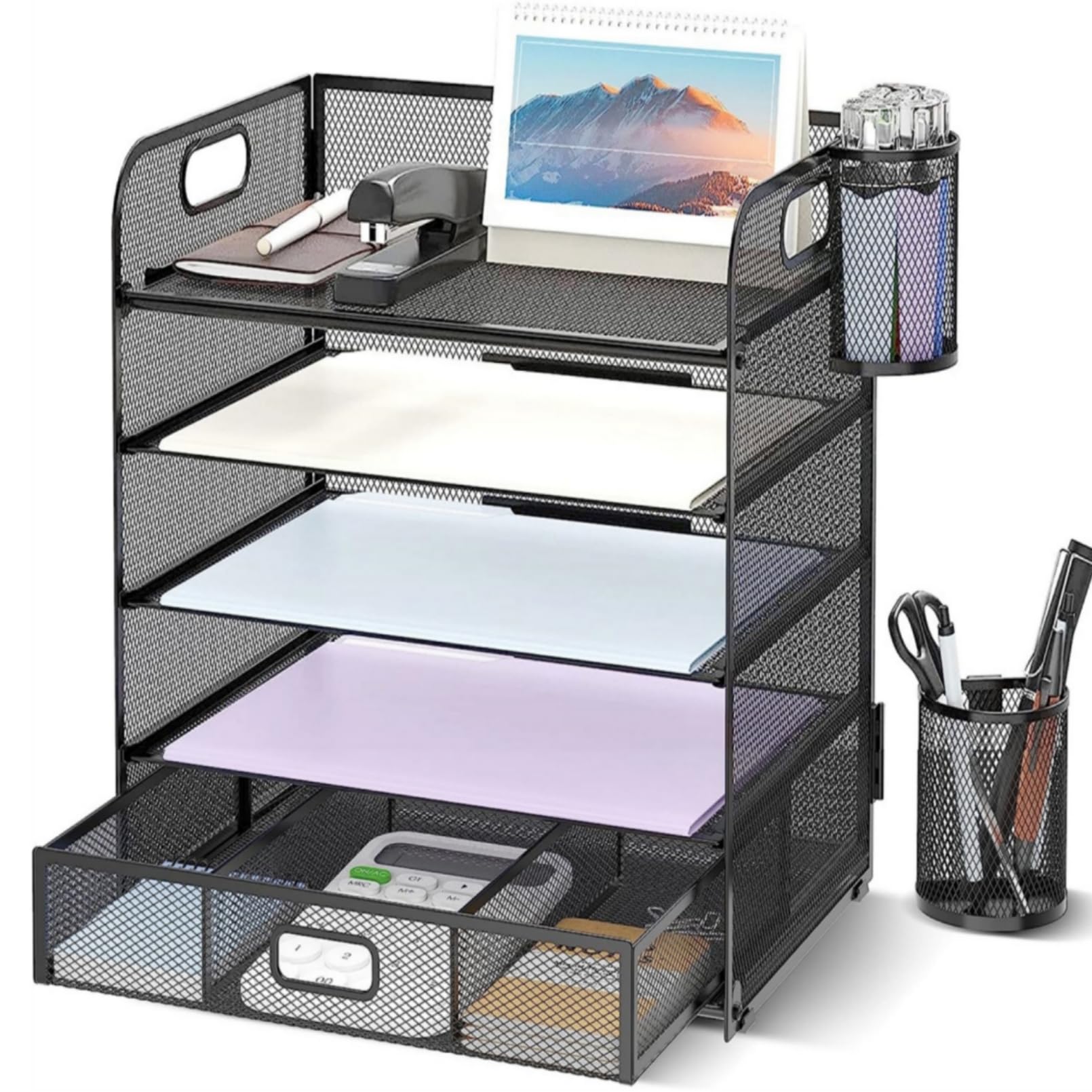 sooyinpaint 5 Tier Paper Letter Tray Organizer with Drawer and 2 Pen ...