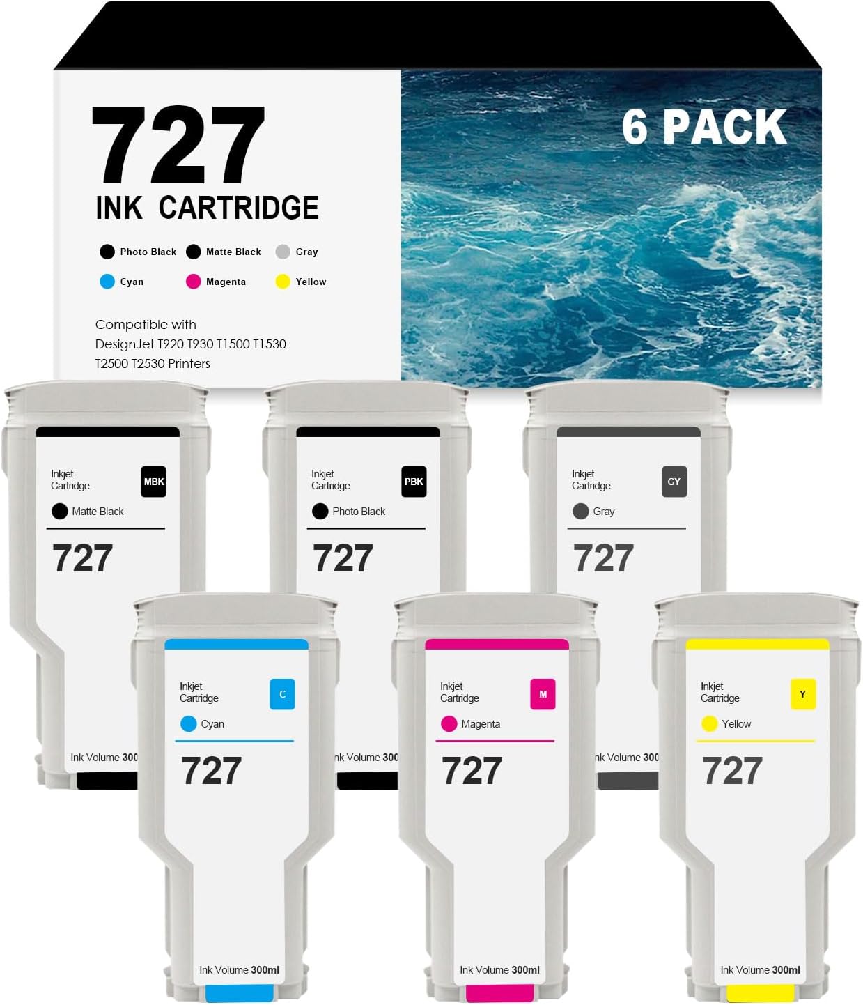 Amazon.com: 727 Ink Cartridges 300ml (6 Pack, PBK MBK G C M Y ...