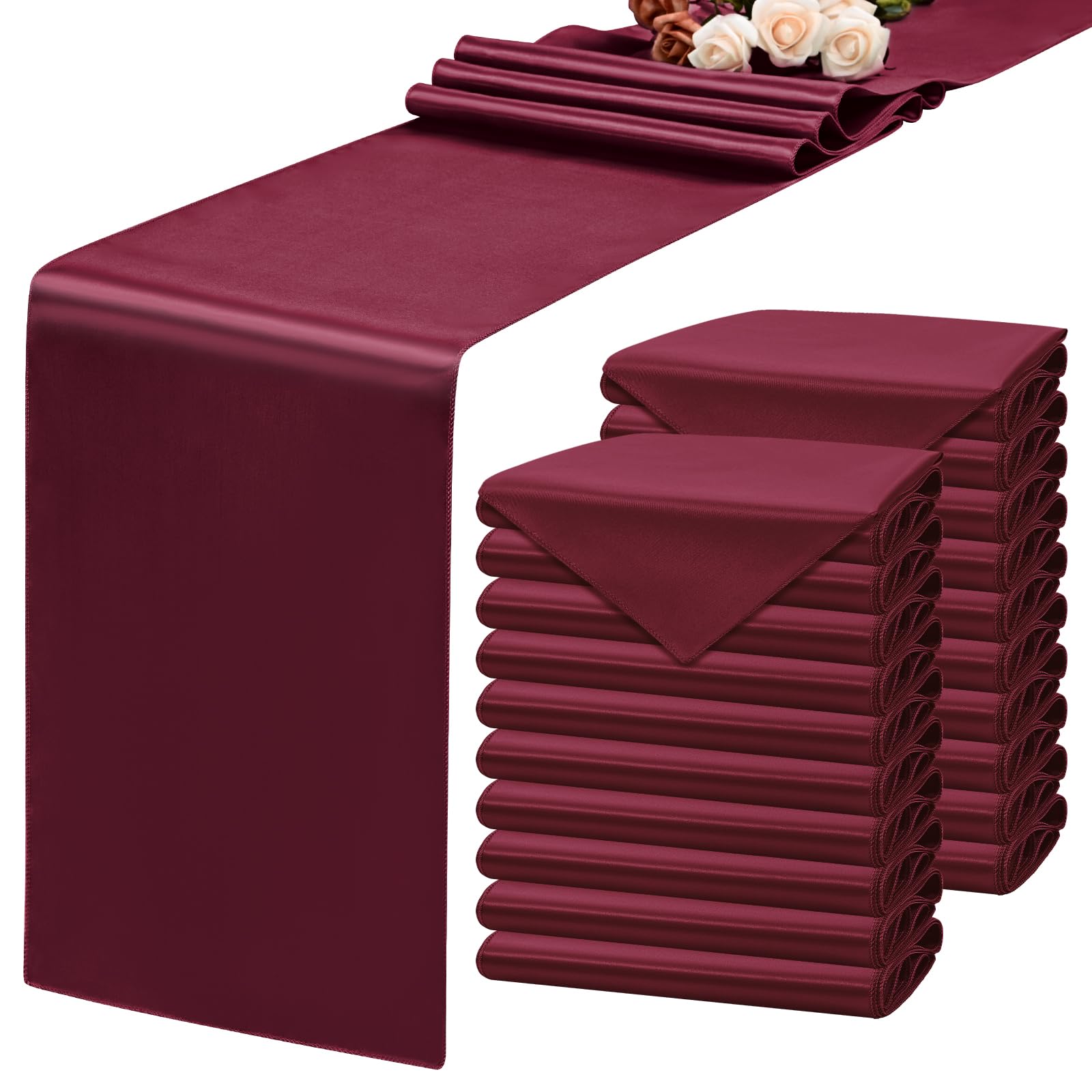 Amazon.com: Lykoow 20 Pack Satin Table Runner 12 x 108 Inch Burgundy ...