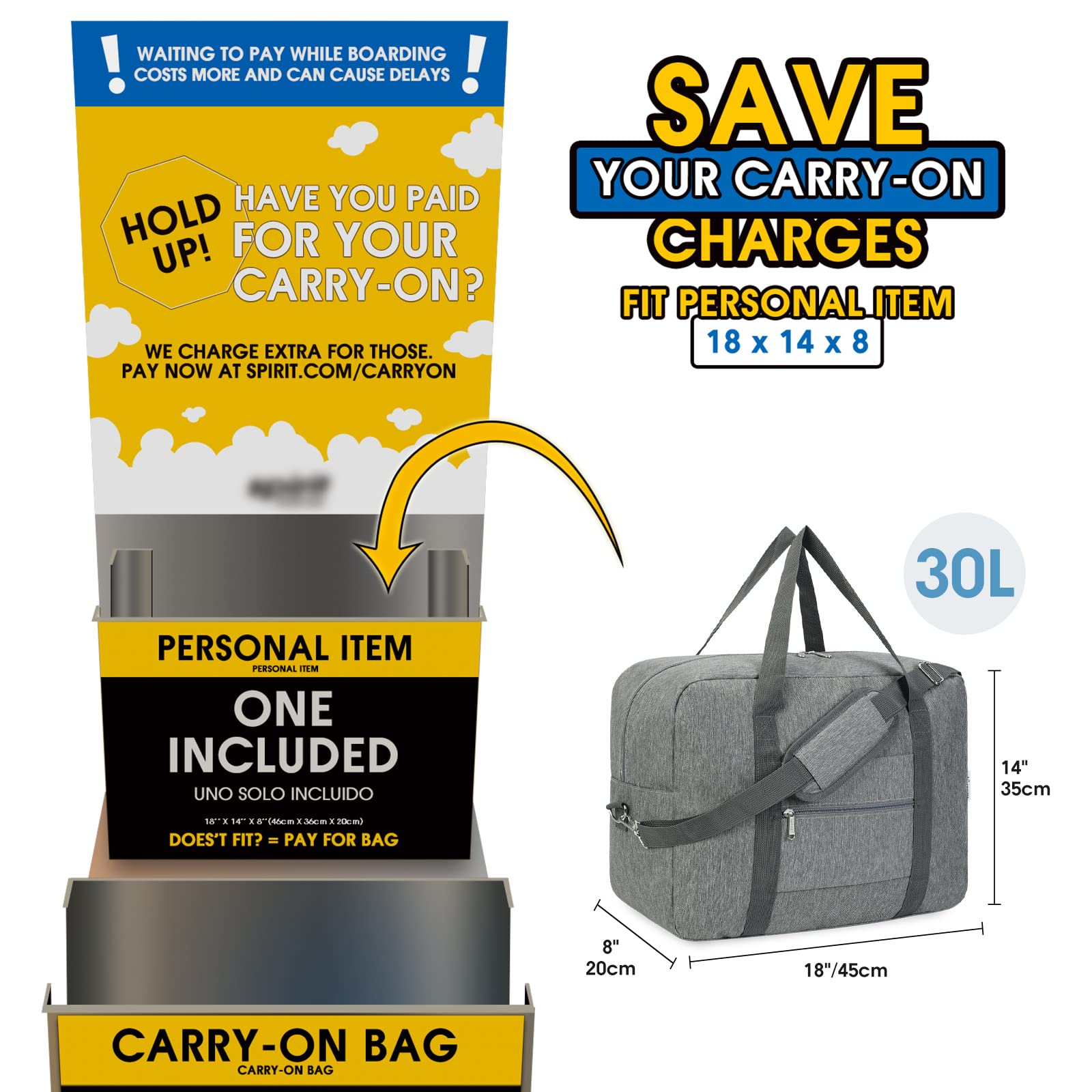 Snapklik.com : For Spirit Airlines Personal Item Bag 18x14x8 Foldable ...