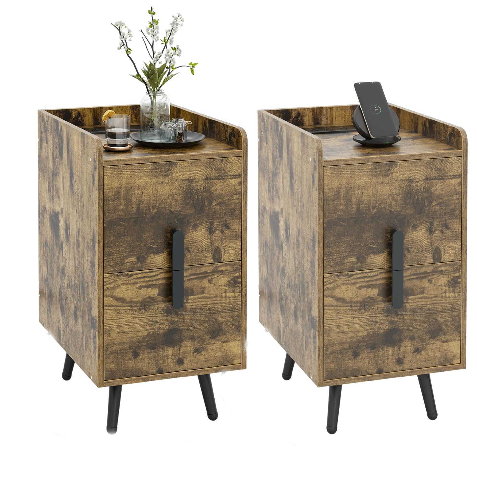 COSTWAY 1/2PCS Smart Bedside Table, Slim Wooden Nightstand with 3 ...