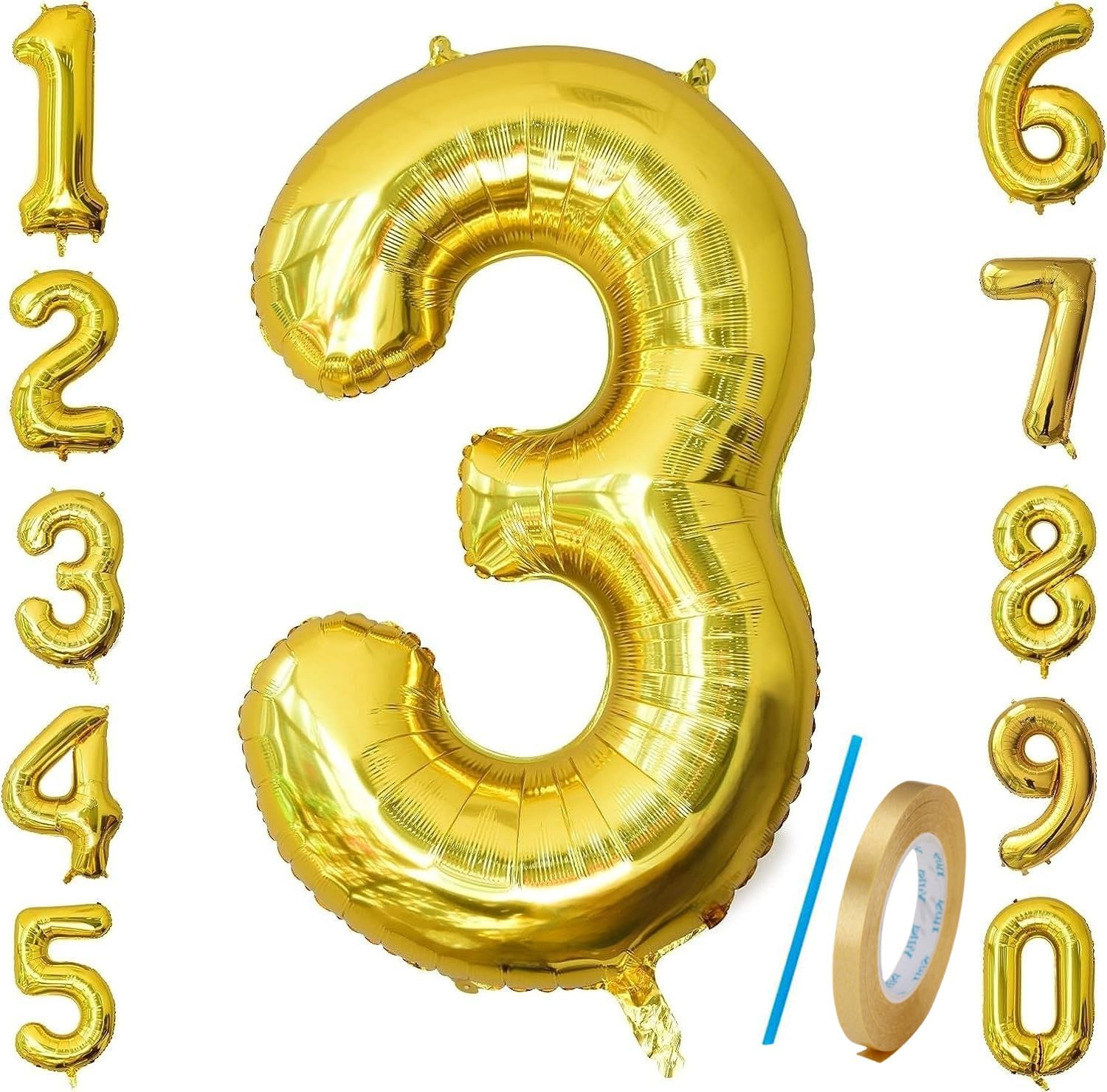 Amazon.com: Number 3 balloon Gold 40 inch, Big Giant Jumbo Foil Number ...