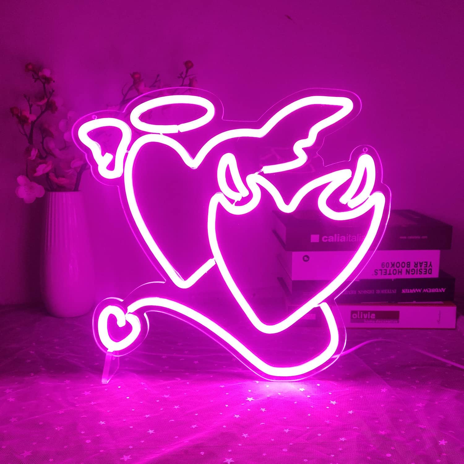 Amazon.com : Angel Devil Neon Signs Pink Heart Led Sign for Bedroom 14 ...