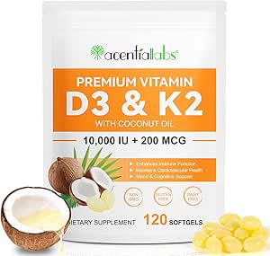 Amazon.com: flasture Vitamin D3 K2 Supplement Softgels, 10000 IU VIT D3 + 200 MCG K2 (MK-7) | 2 ...