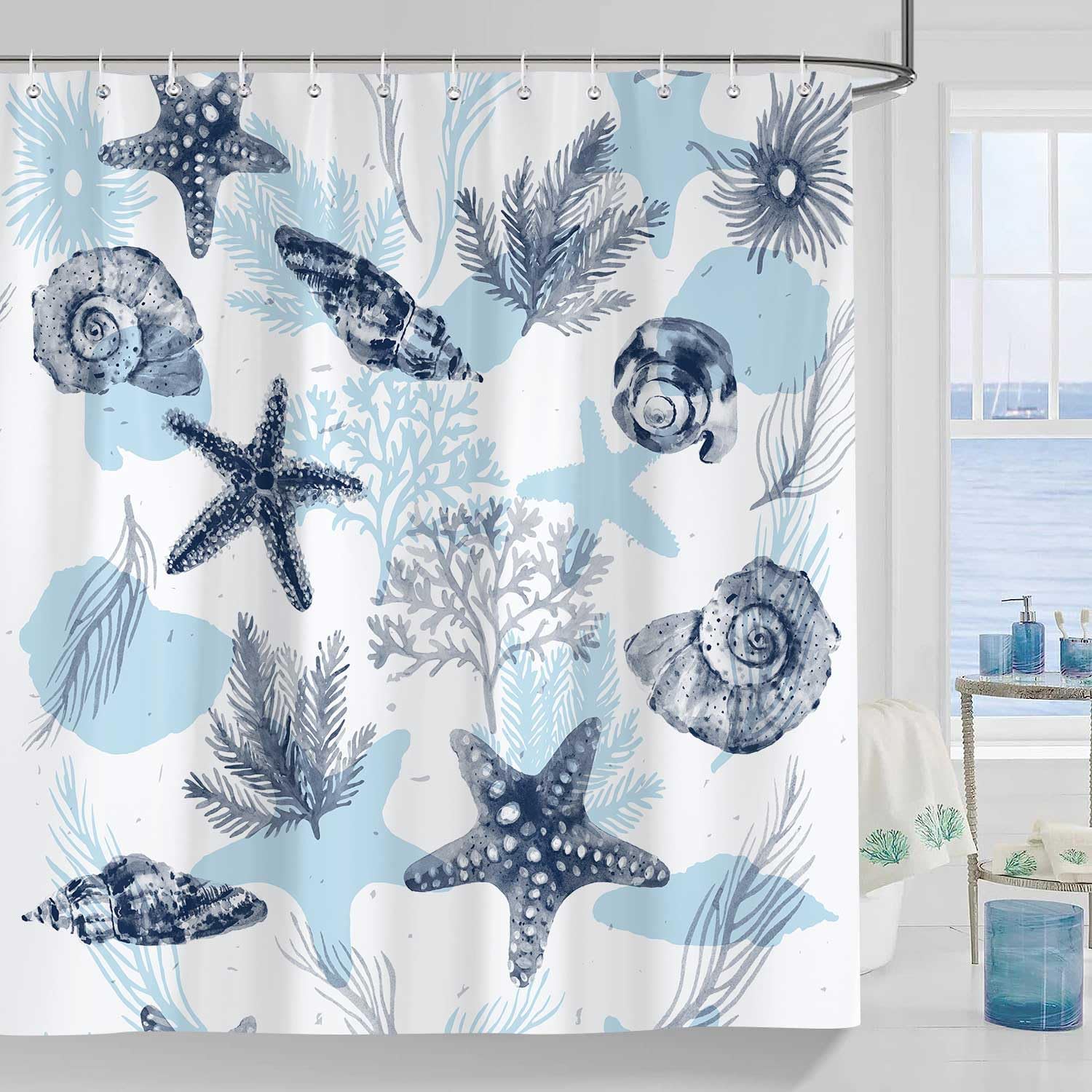 Amazon.com: Coastal Beach Shower Curtian, Starfish Coral Seashell ...