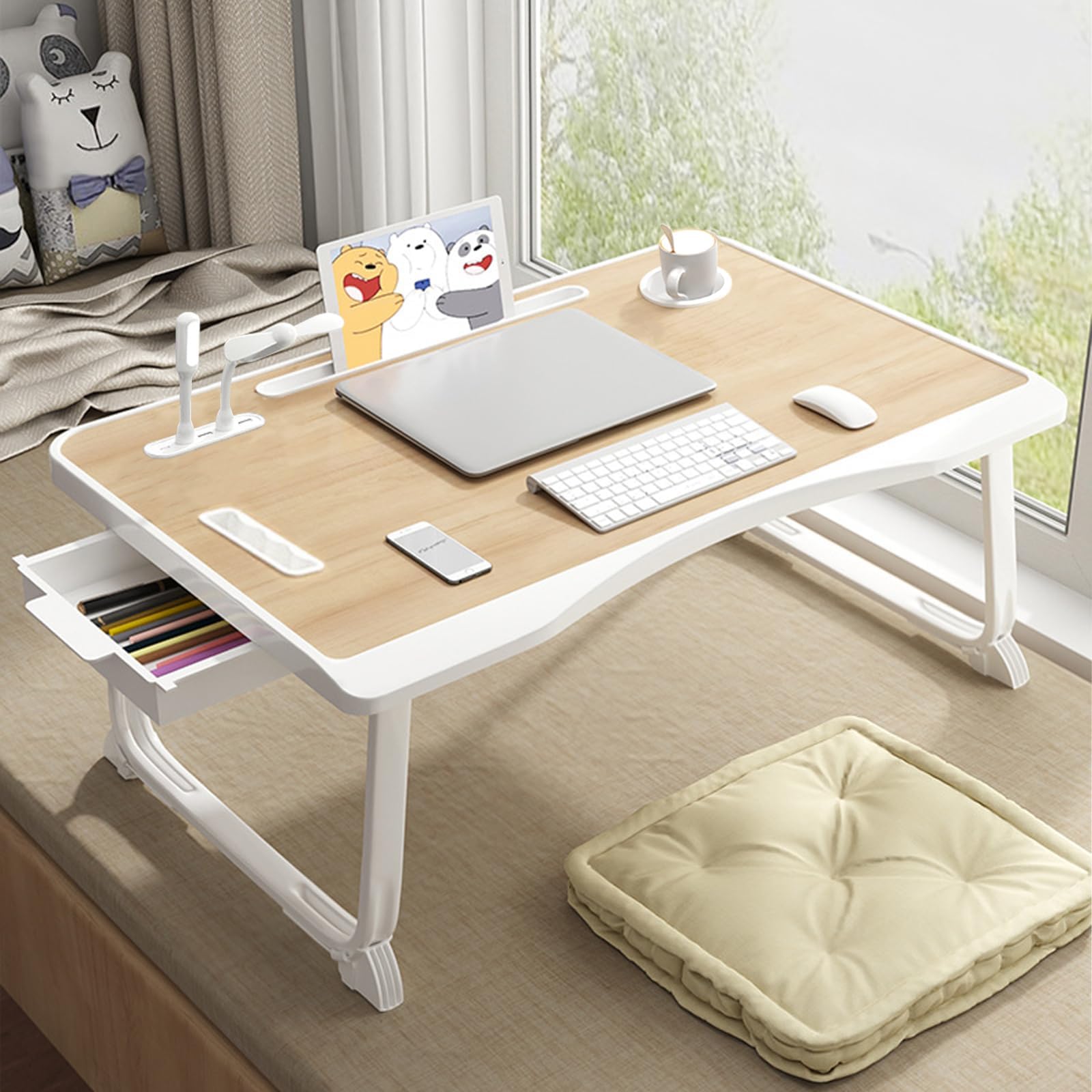 Amazon.com: Bed Desk Tray with USB Ports, Pad & Cup Holder, Drawer ...