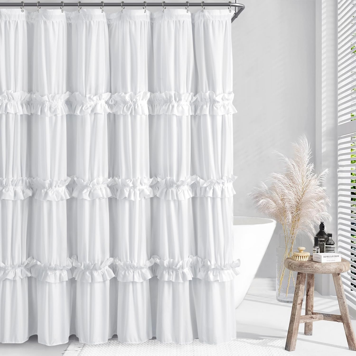 Amazon.com: Awellife Stall White Ruffle Shower Curtain Boho Farmhouse ...