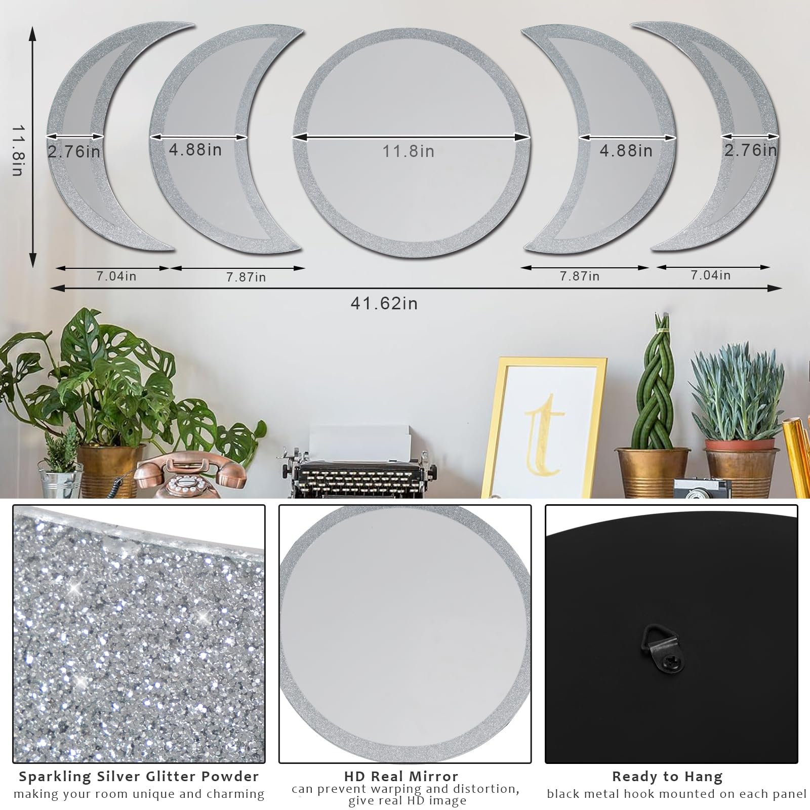 Moon Phase Mirror Set, 5pcs Moon Phase Wall Decor, Silver Bling Moon ...