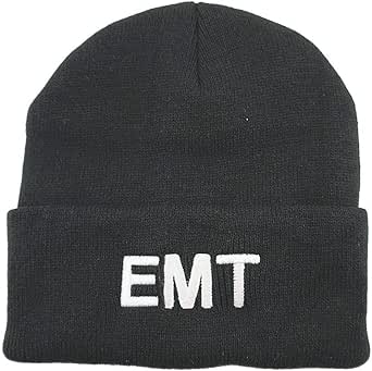 Amazon.com: Black with White Lettering EMT Watch Cap, Beanie Style ...