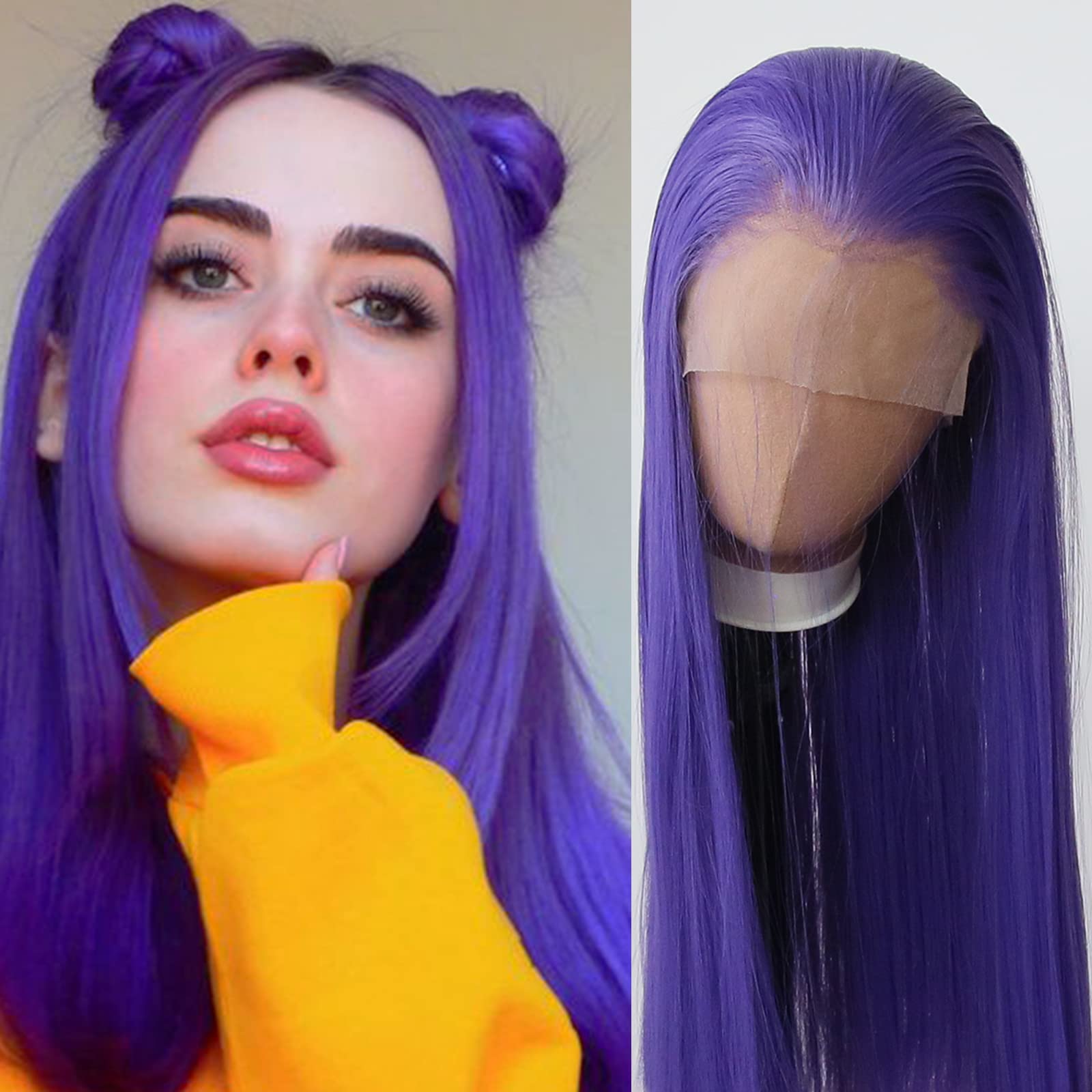 Towarm Dark Purple Wig Long Straight Lavender Wig Synthetic Lace Front ...