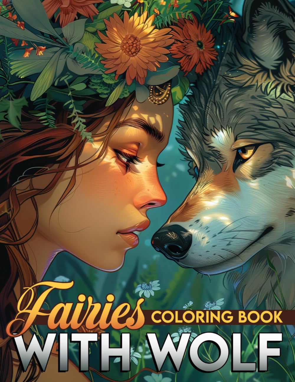 Fairies With Wolf Coloring Book: Cute Elf Girls Coloring Pages with ...
