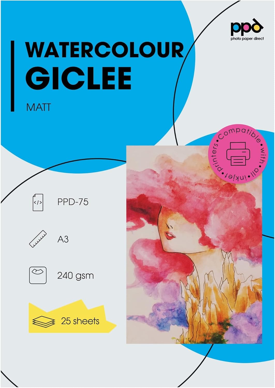 PPD 25 Sheets A3 Inkjet Fine Art Watercolour Giclee Archival Matt Photo ...