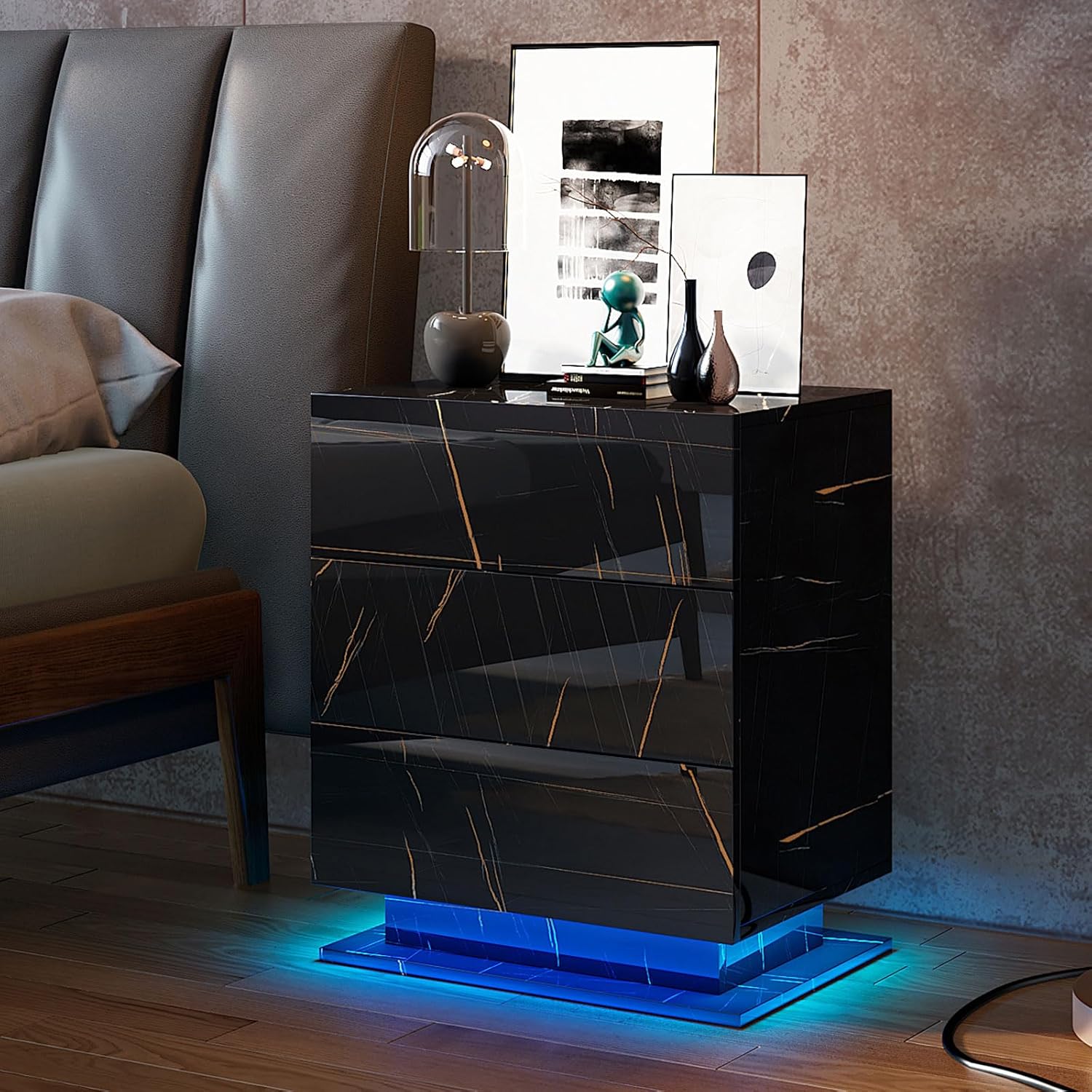 Amazon.com: LED Nightstand Modern High Gloss Bedside Table with 3 ...
