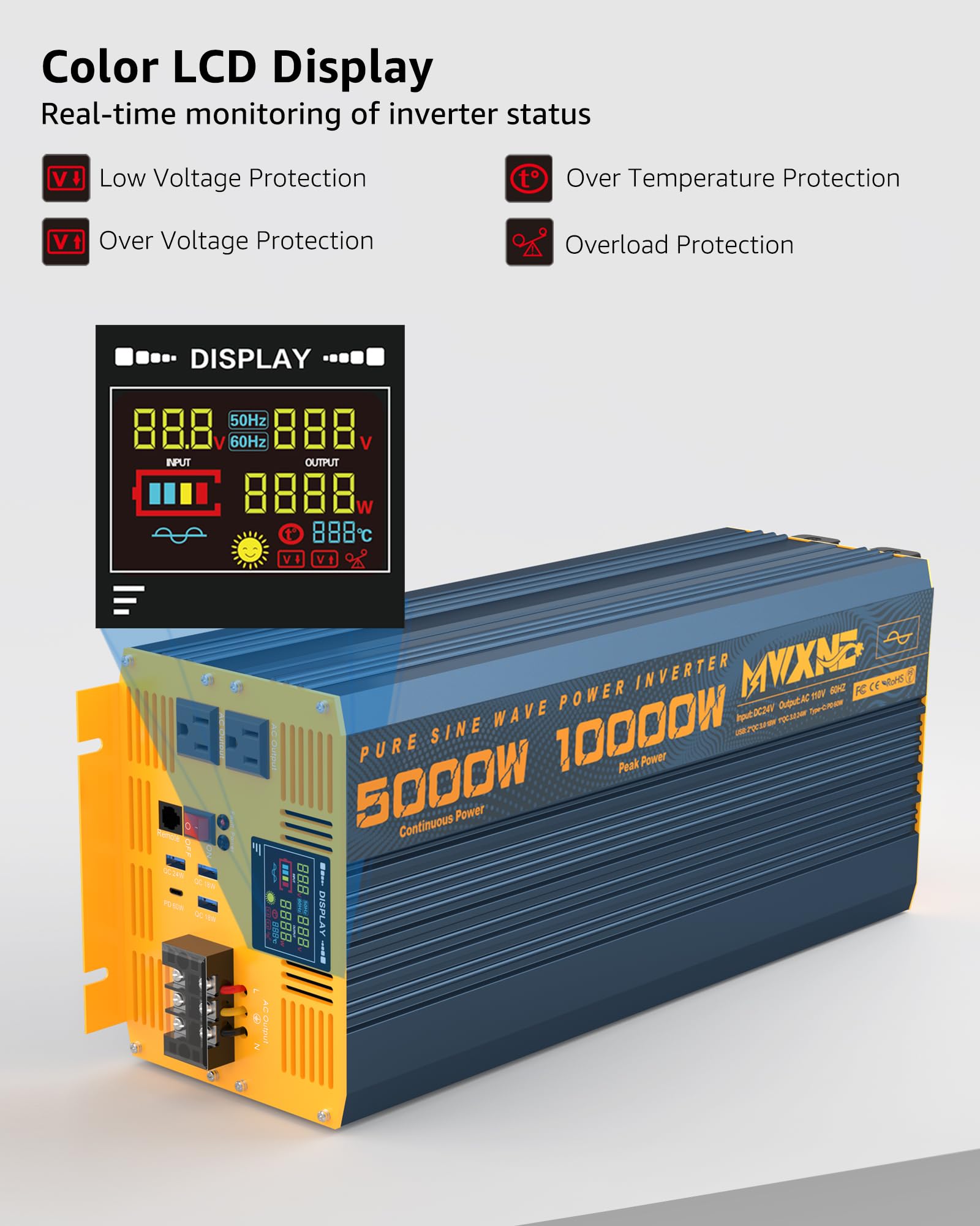 5000 Watt Power Inverter Pure Sine Wave 24V DC to 110V 120V 10000W Peak ...