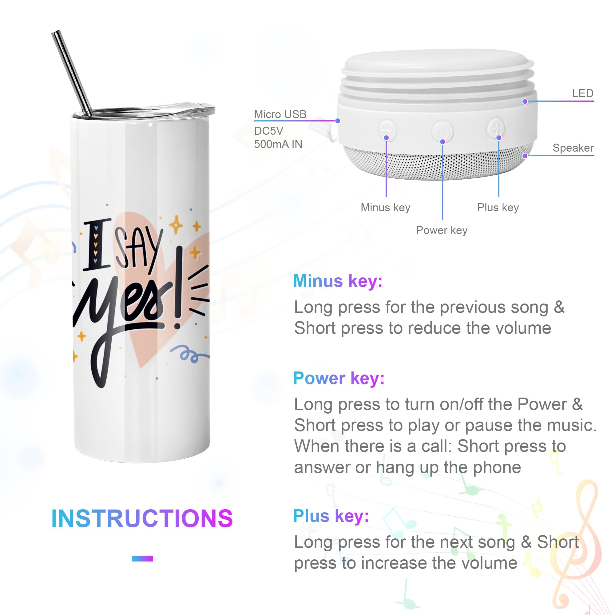 AGH 6pcs Sublimation Bluetooth Tumbler Cup Speaker White, 20oz ...