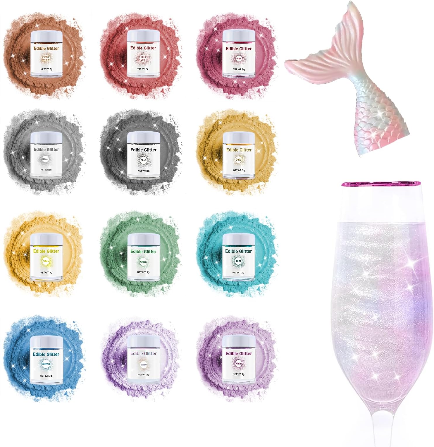 Amazon.com : Edible Glitter Food Grade Shimmer Set,12 Colors Edible ...