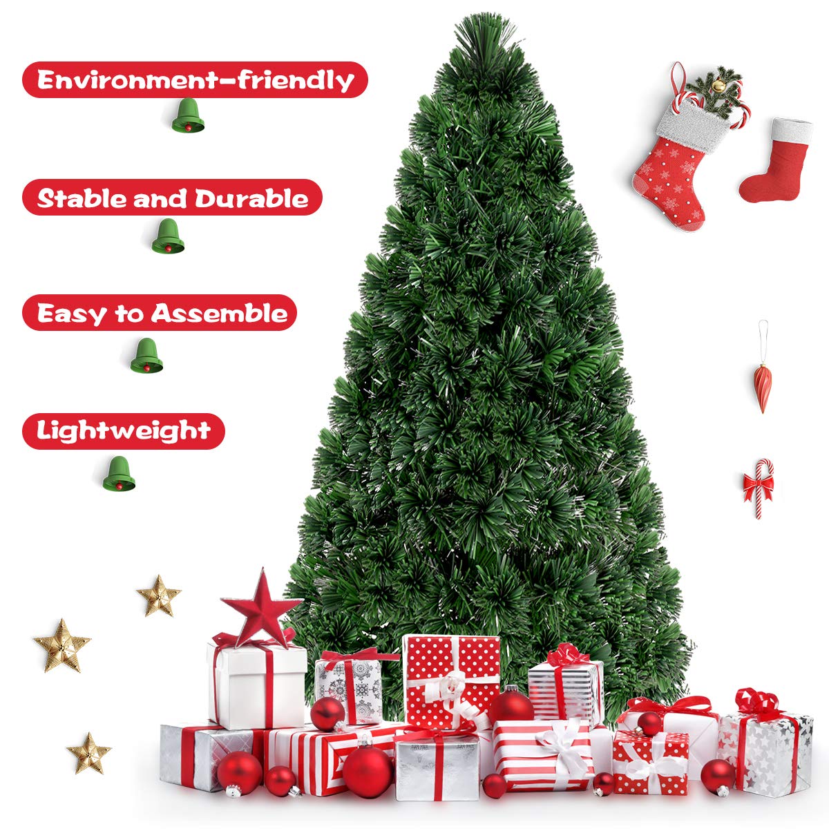 Goplus 6ft Artificial PVC Christmas Tree Pre-Lit Fiber Optic Tree with ...