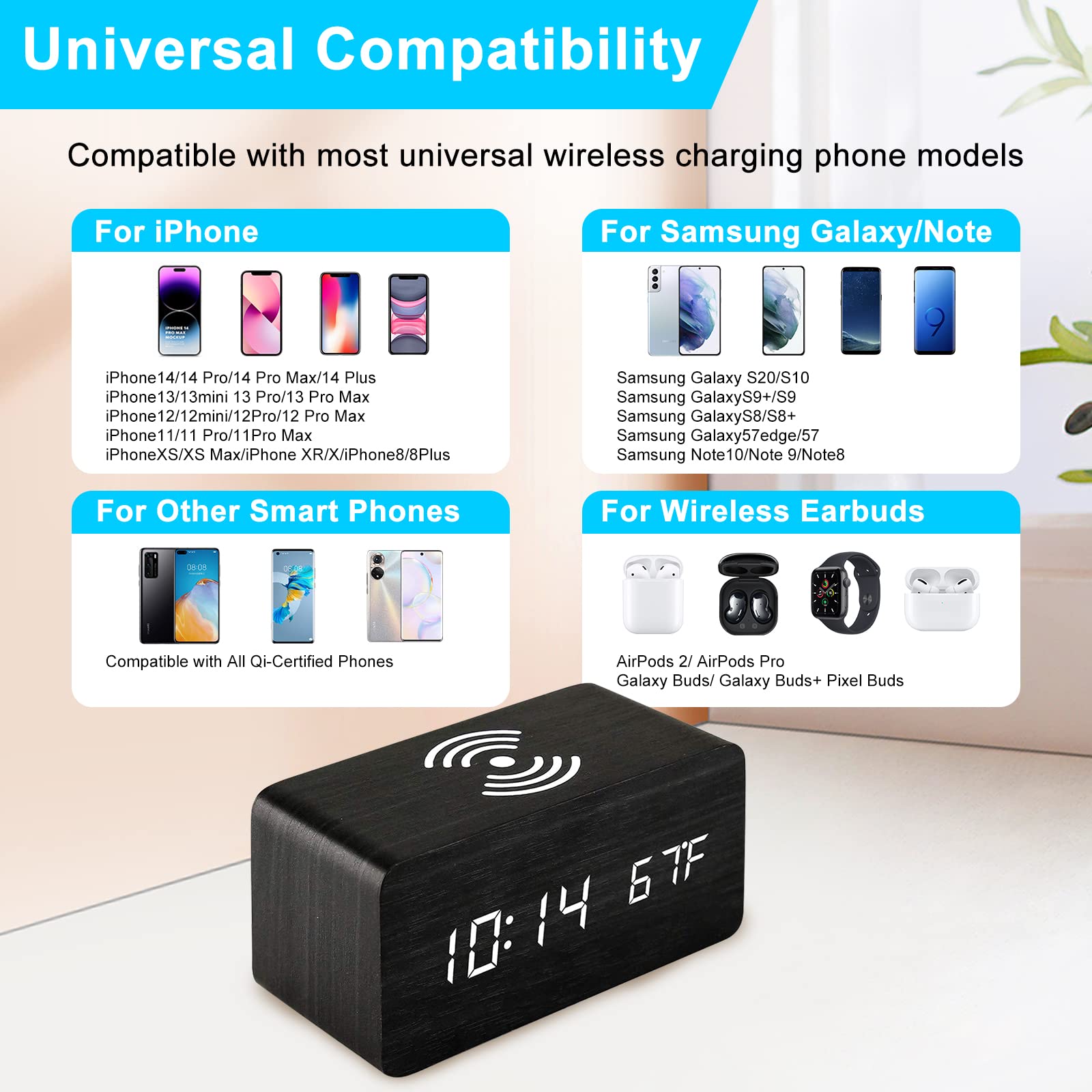 Wooden Digital Alarm Clock, Bedside Digital Clock with Wireless ...