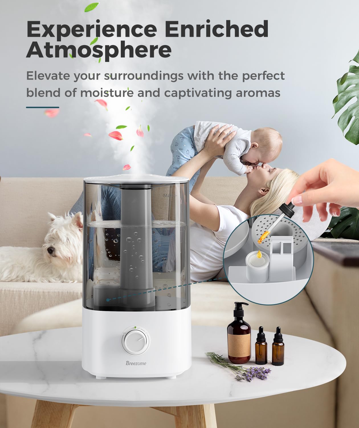 BREEZOME 4L Humidifiers for Bedroom, Top Fill Cool Mist Essential Oil ...