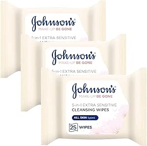 Johnson's Makeup Be Gone Extra-Sensitive Wipes, Pack of 75 (Packing May ...