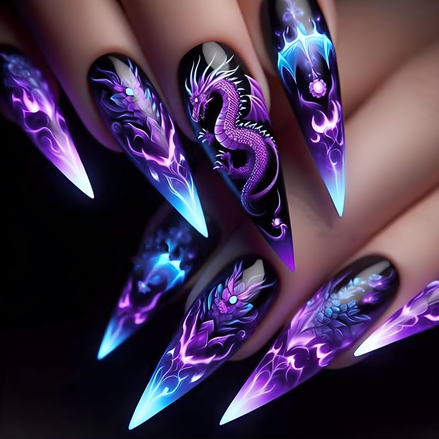 Amazon.com: NGMATY Press On Nails Purple Painted Dragon Gradient Swoosh ...