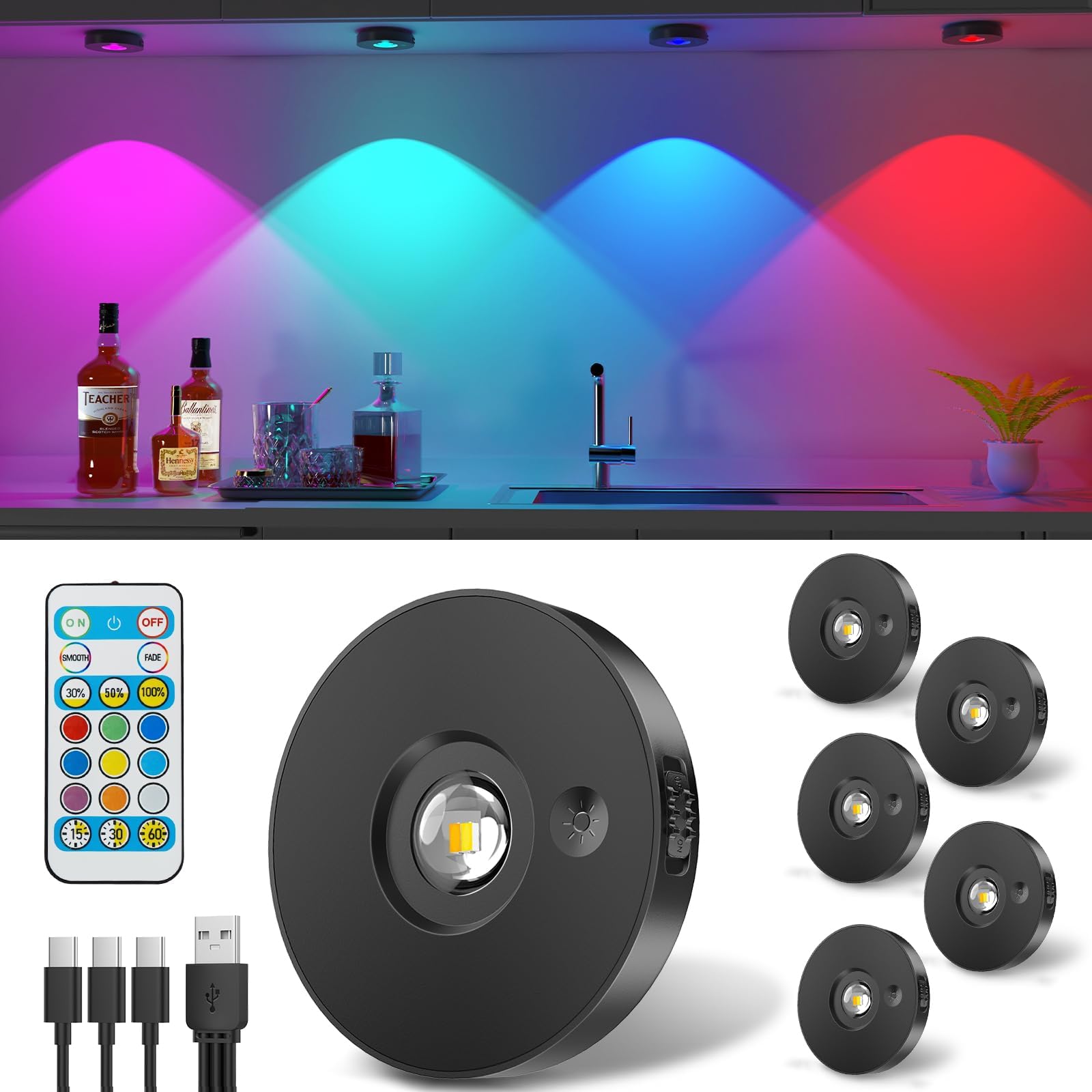 Feliigo USB Aufladbar RGB LED Spots Akku, LED Schrankbeleuchtung mit ...