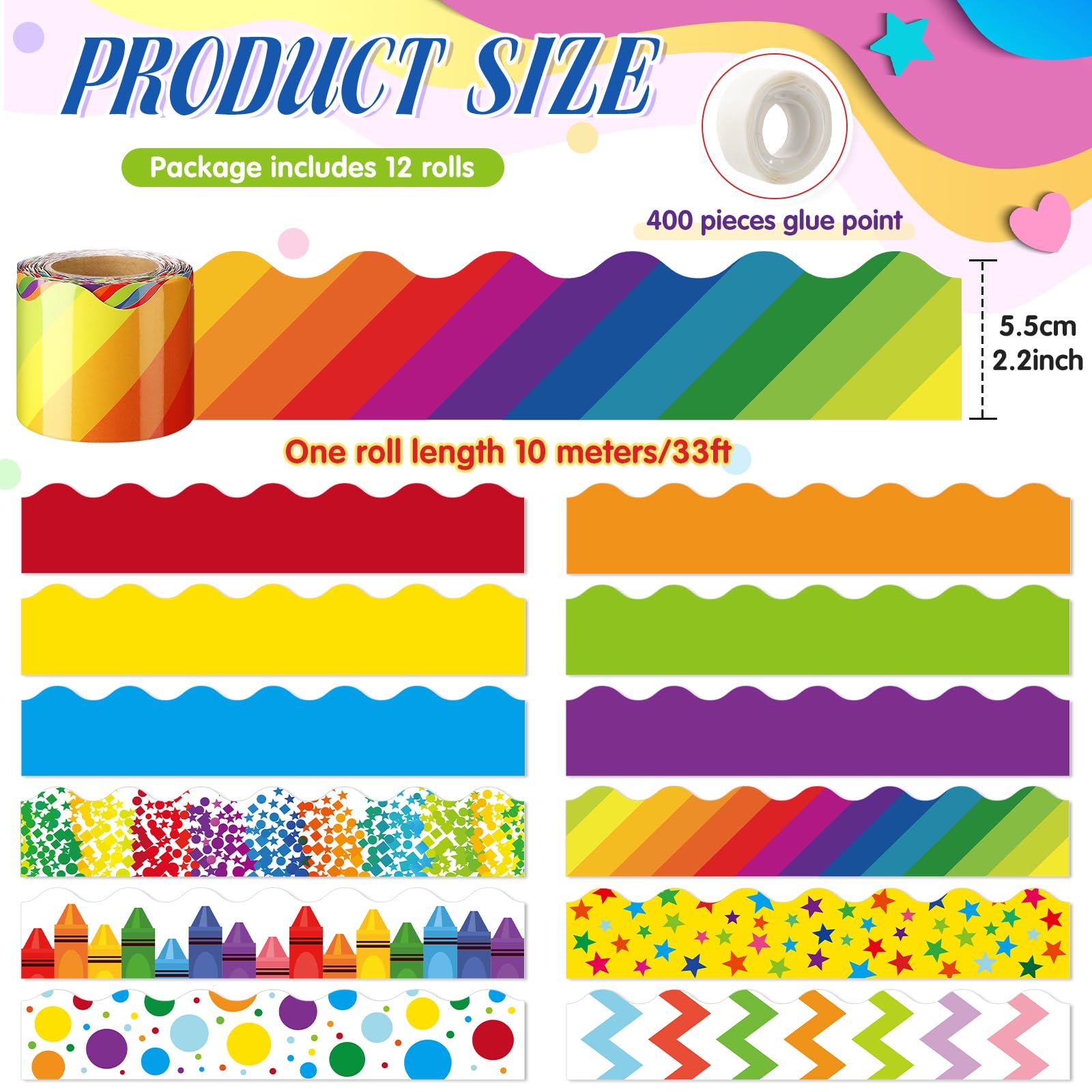 Snapklik.com : 12 Rolls 394 Ft Colorful Bulletin Board Borders Rainbow ...