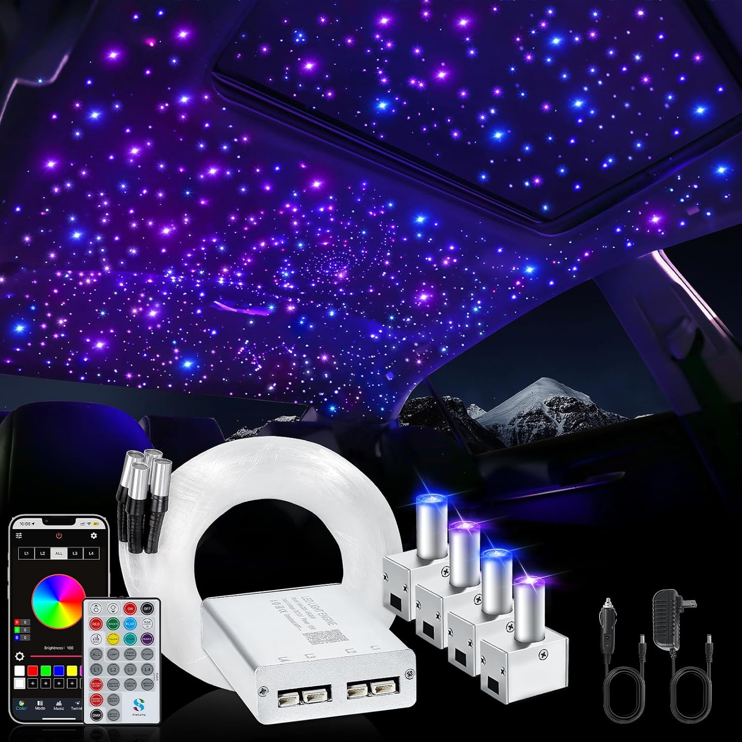 Amazon.com: 4 Colors 12W Car Starlight Headliner Kit 1200pcs*0.02in*9 ...